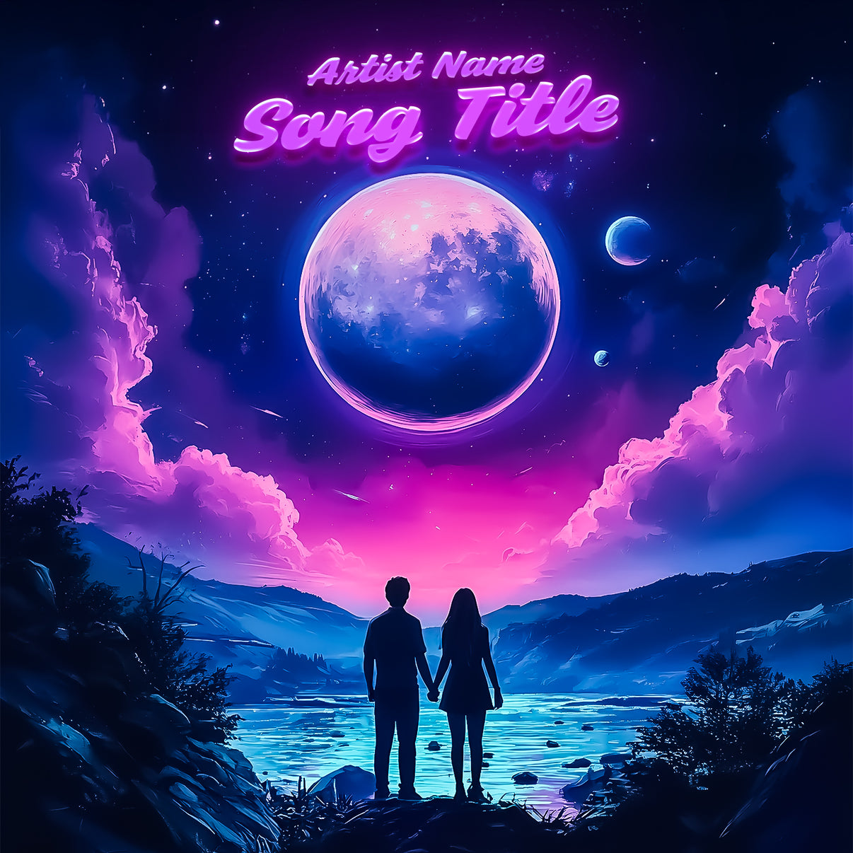 Space Together - Couple Gazing at Luminous Moon over Serene Lake – Cover Squadron